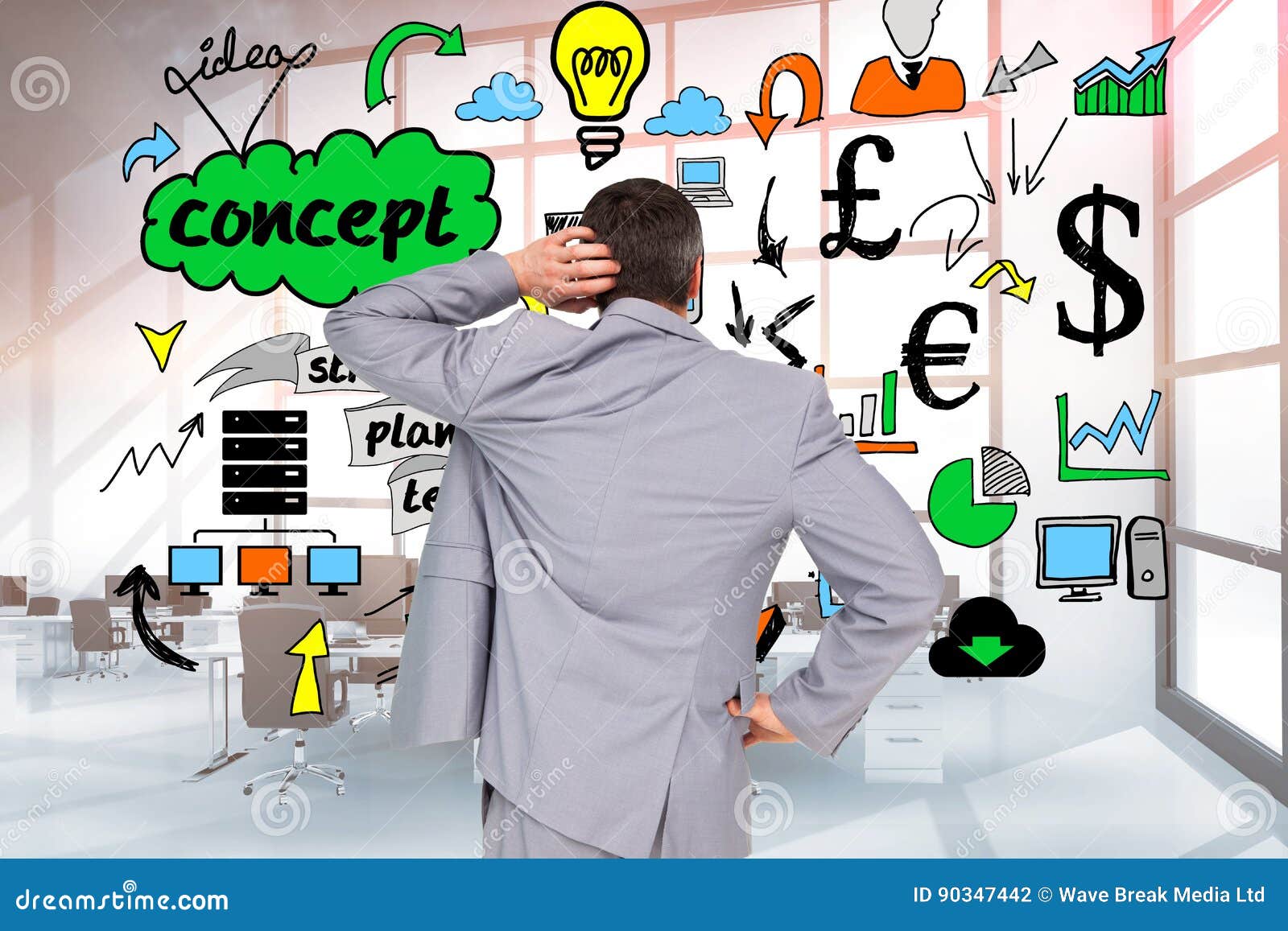 Rear View of Confused Businessman Looking at Doodle Graphics on Wall ...