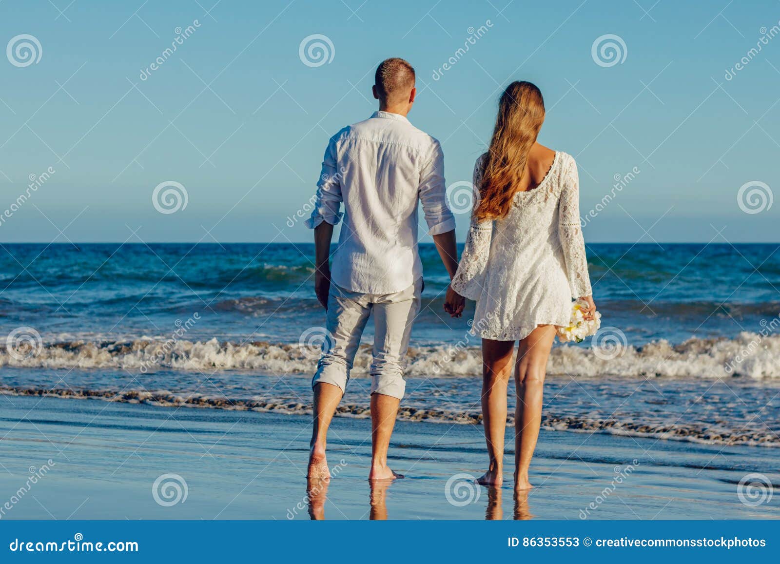 Rear View Of Couple On Beach Against Clear Sky Picture. Image: 86353553