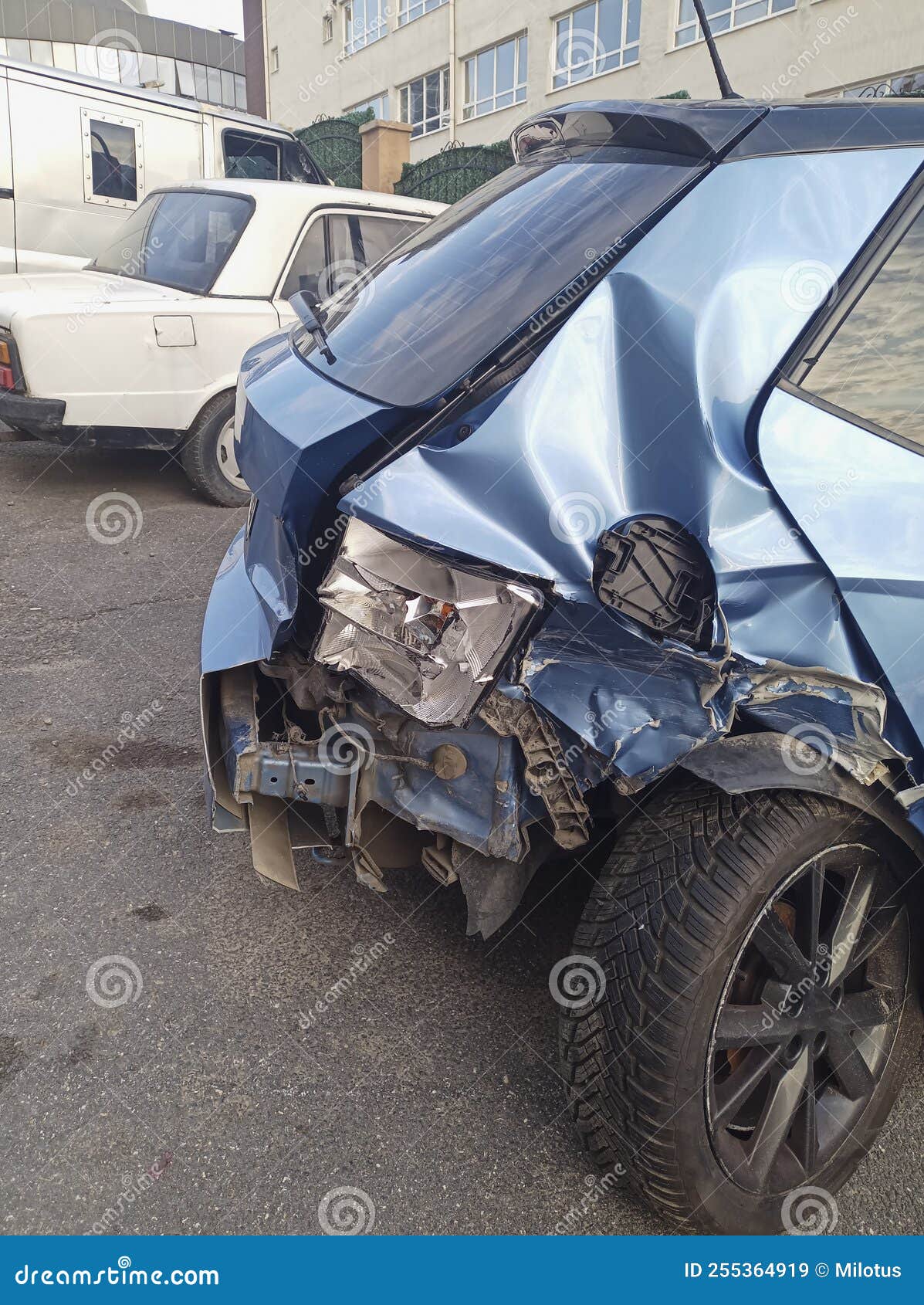 Rear View of a Crashed Blue Hatchback Car at Street Stock Image - Image ...