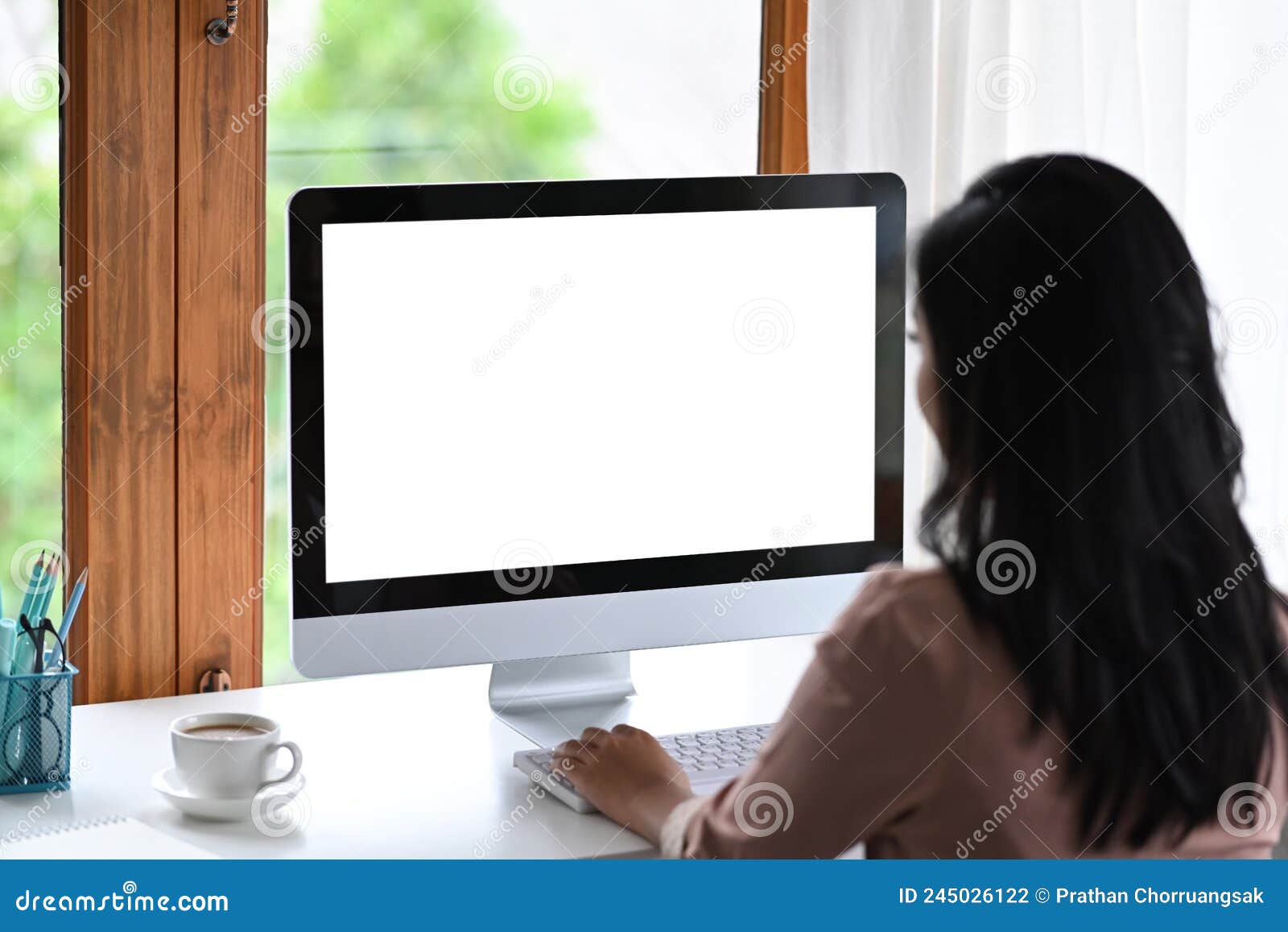 Rear View of Woman Working with Modern Computer at Her Workplace. Stock ...