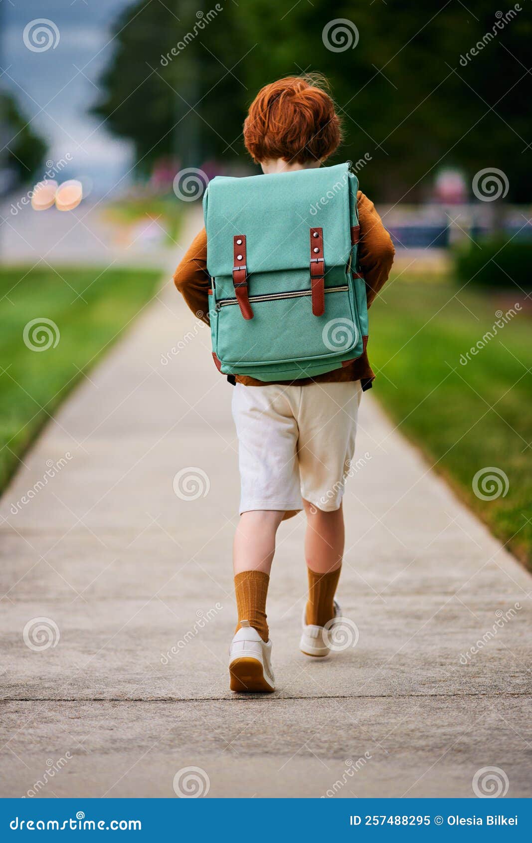 Rear View of Cute Redhead School Boy, Kid with Backpack Walks on the ...