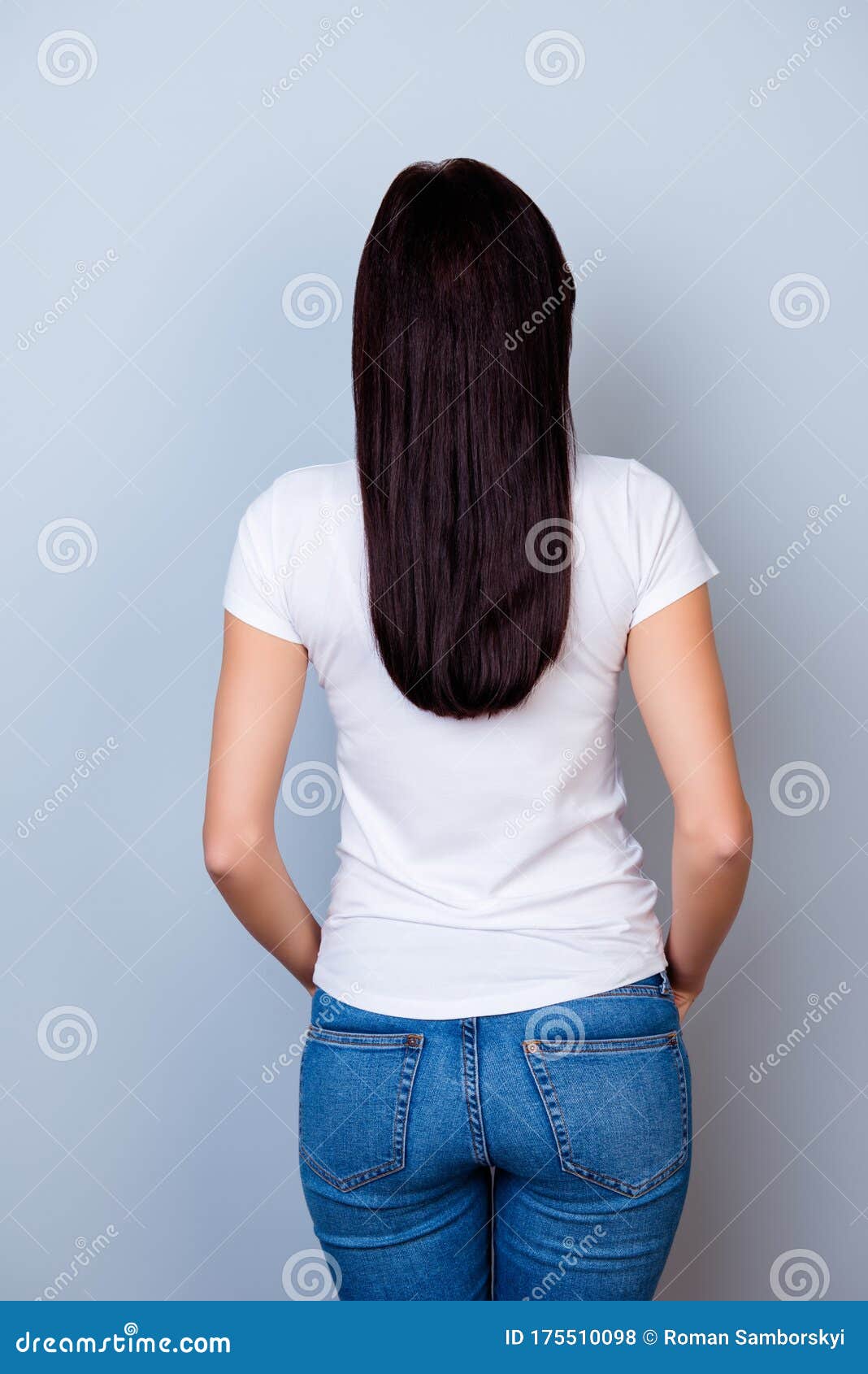 Rear View of Cute Young Woman on Gray Background Stock Photo - Image of ...