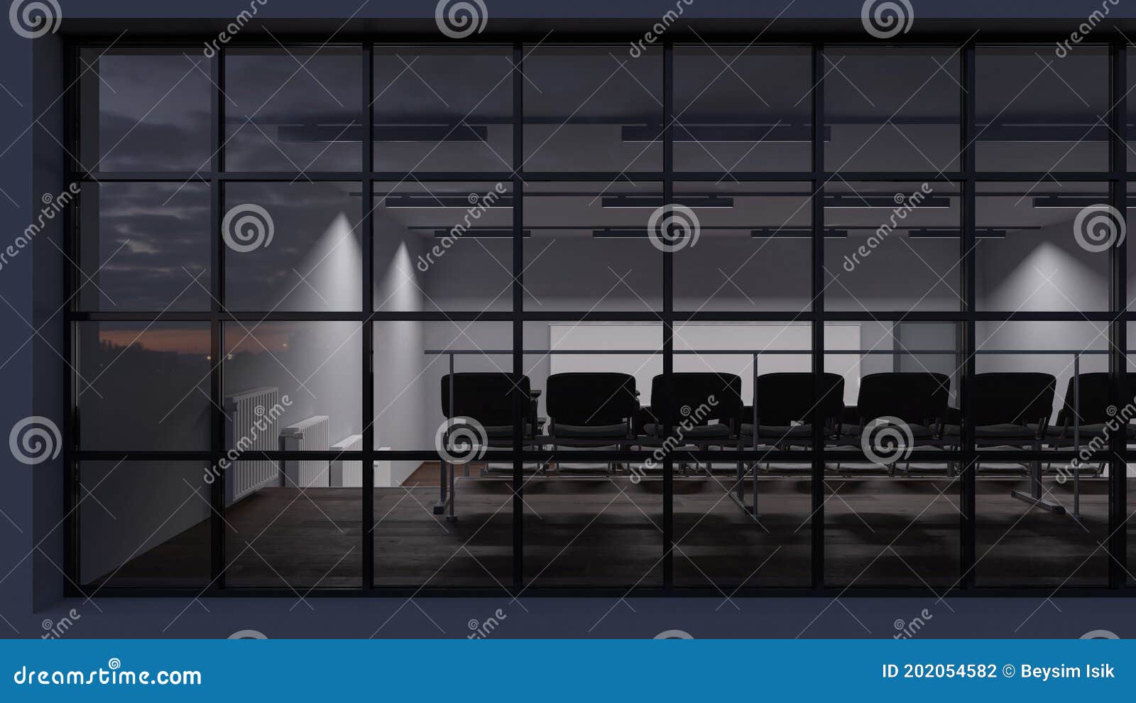 Rear View of a Dimly Illuminated Lecture Hall Behind the Windows Stock ...