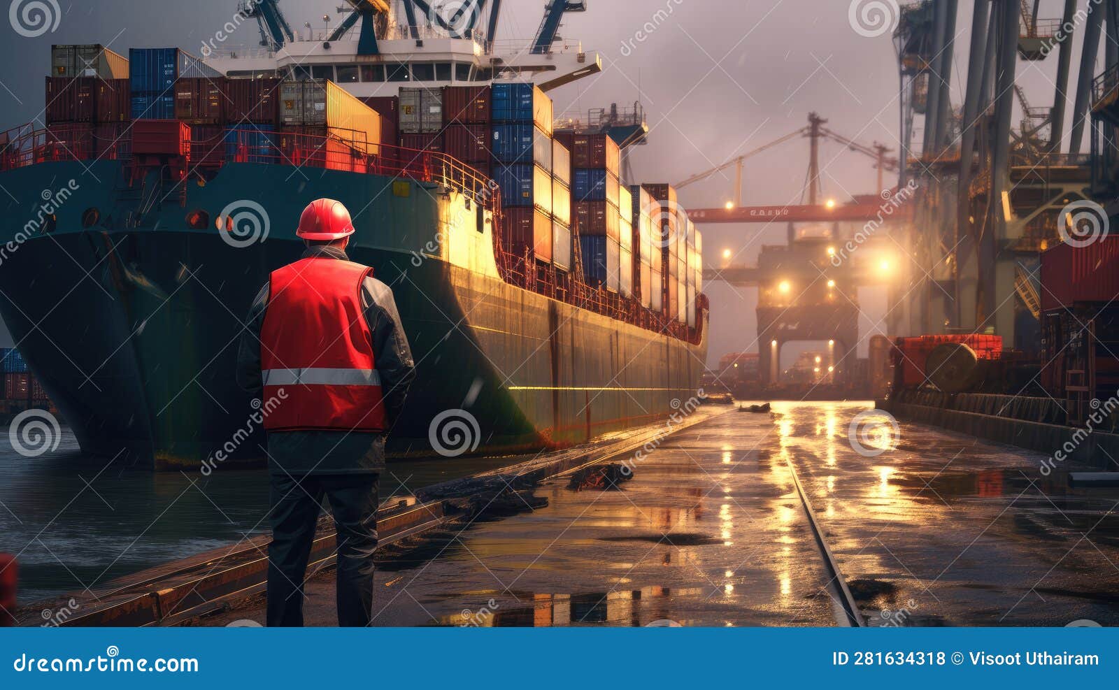 Rear View of Dock Workers Standing in Shipyard, Industry with Cargo ...