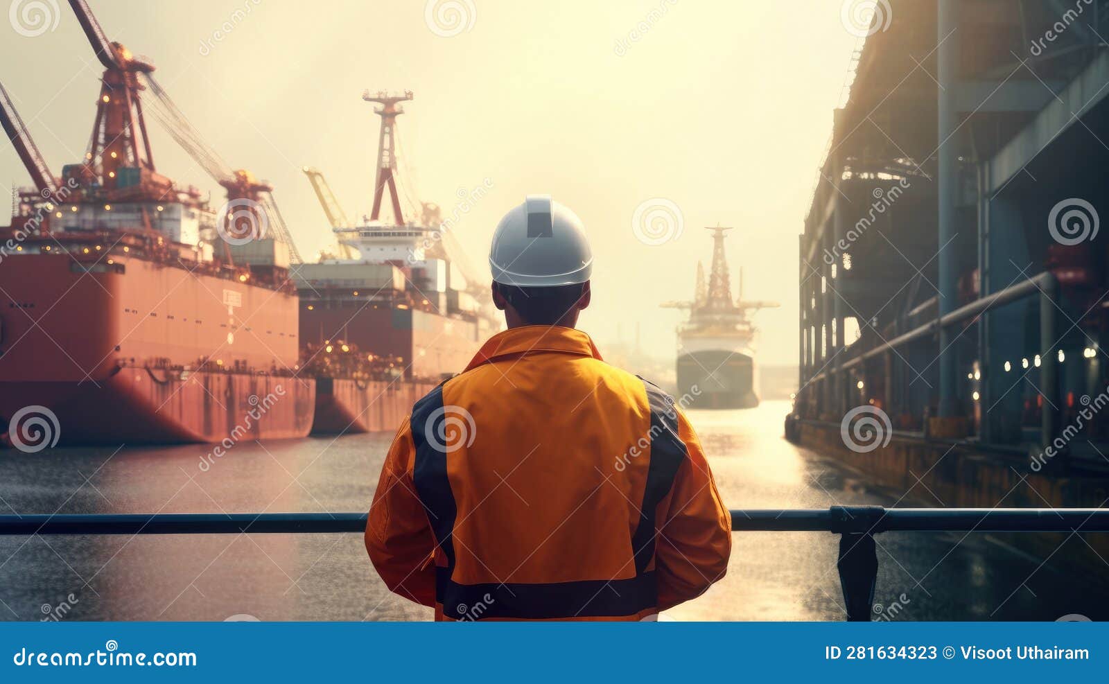 Rear View of Dock Workers Standing in Shipyard, Industry with Cargo ...