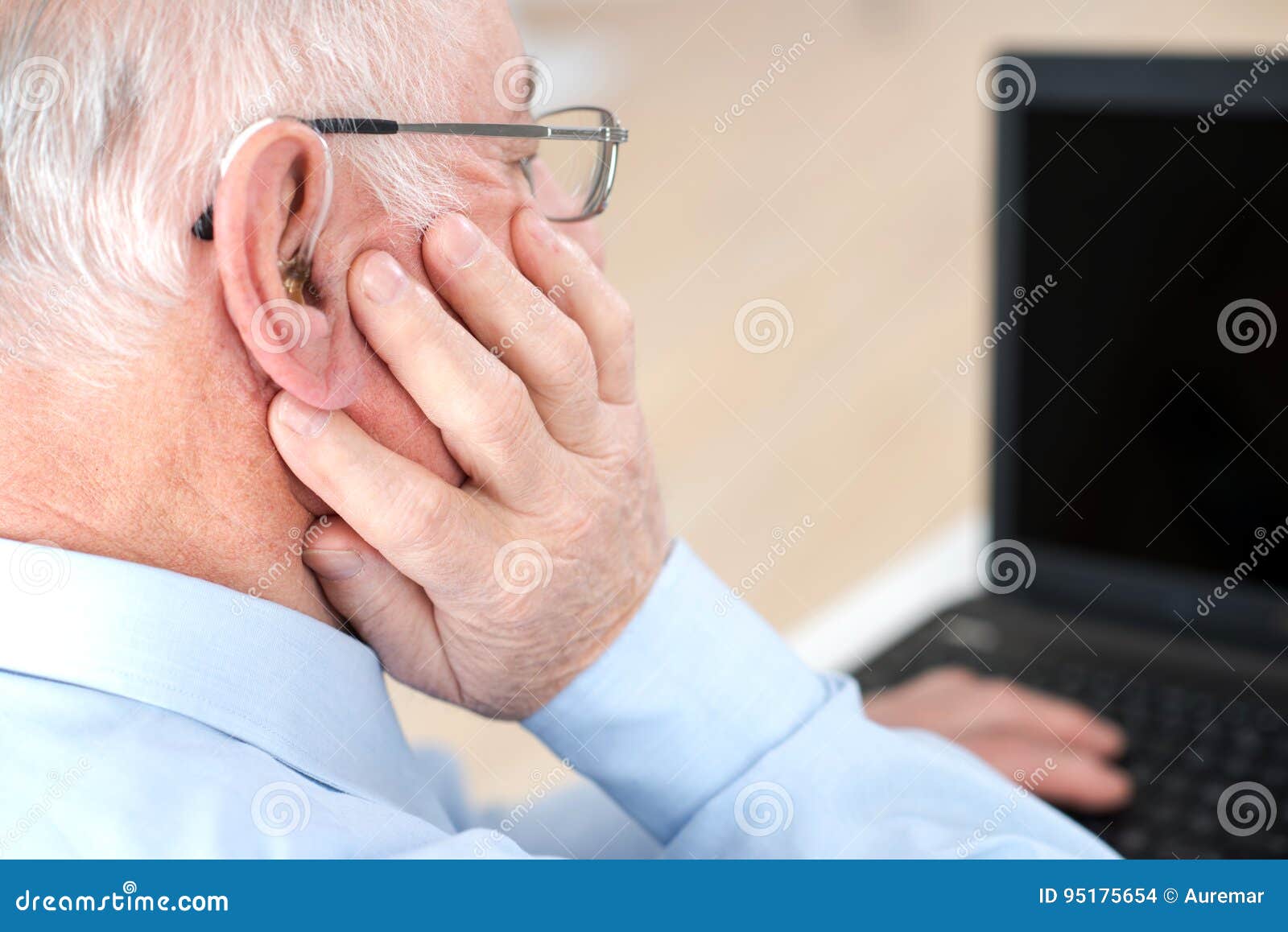 Rear View Elderly Man Using Laptop Stock Photo - Image of seated ...