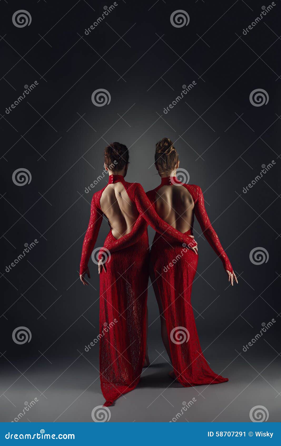 Rear View on Elegant Dancers in Long Lace Dresses Stock Image - Image ...