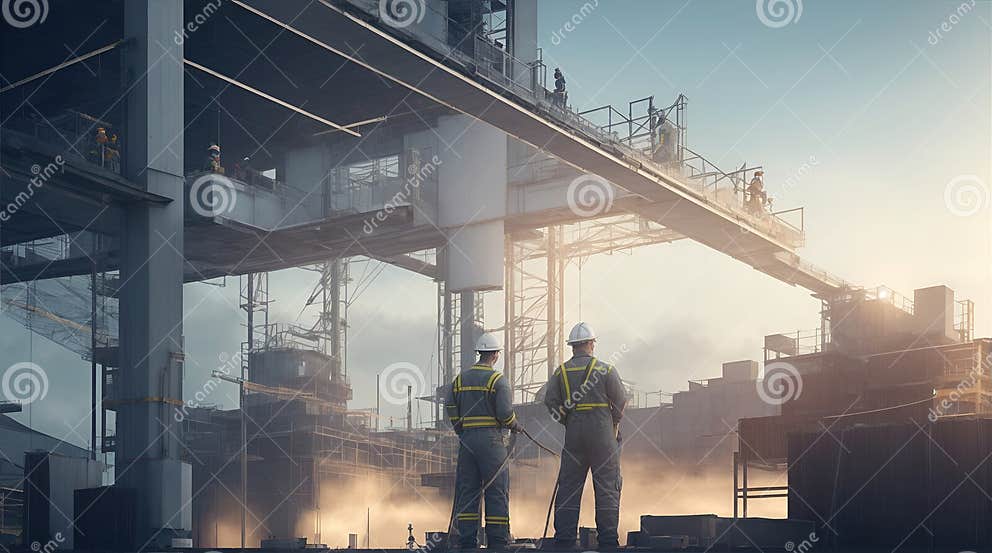 Rear View of Engineers and Technicians Working on Building Construction ...