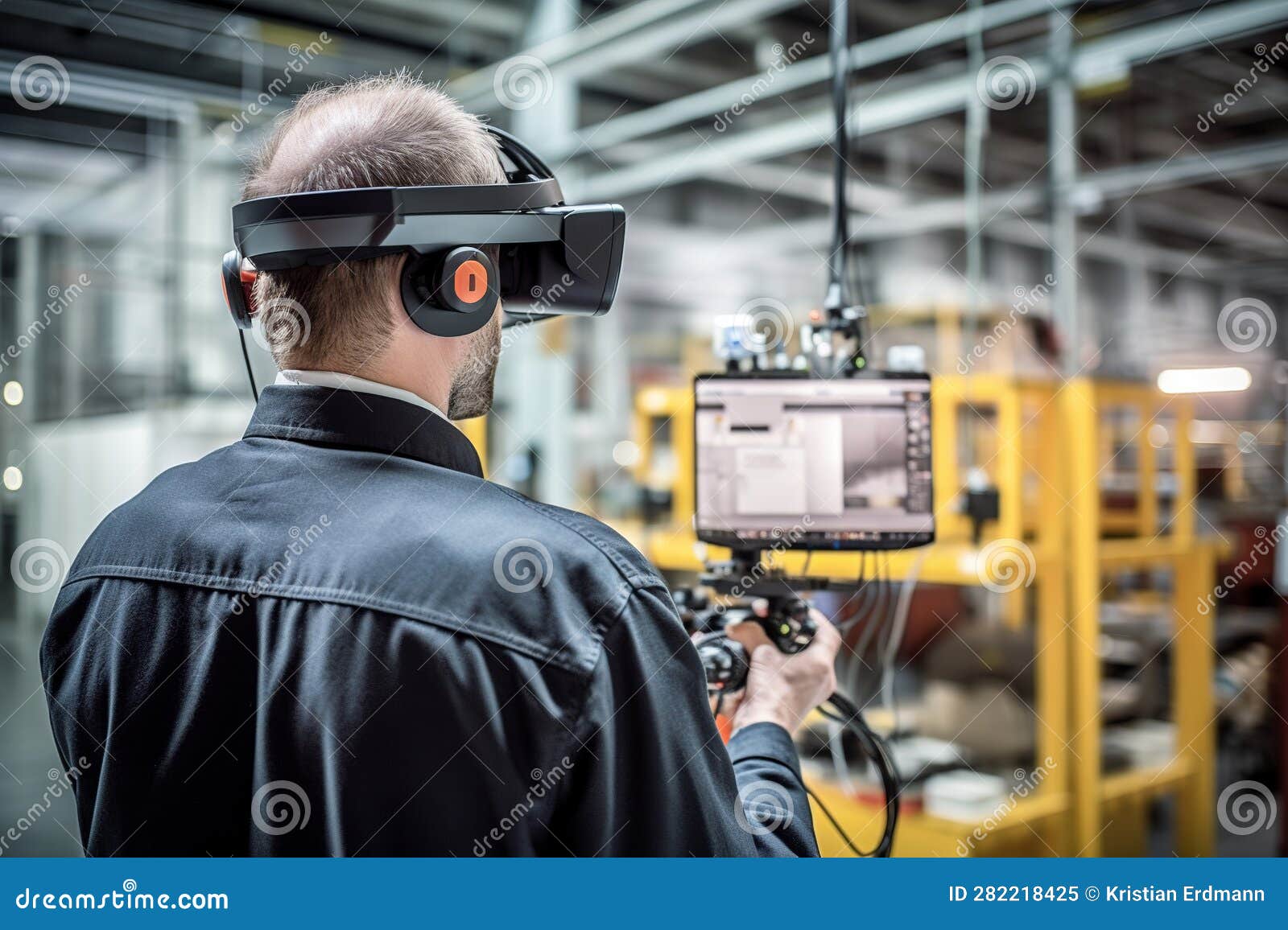 A Back View of a Factory Worker Engaging with a VR Headset for Training ...