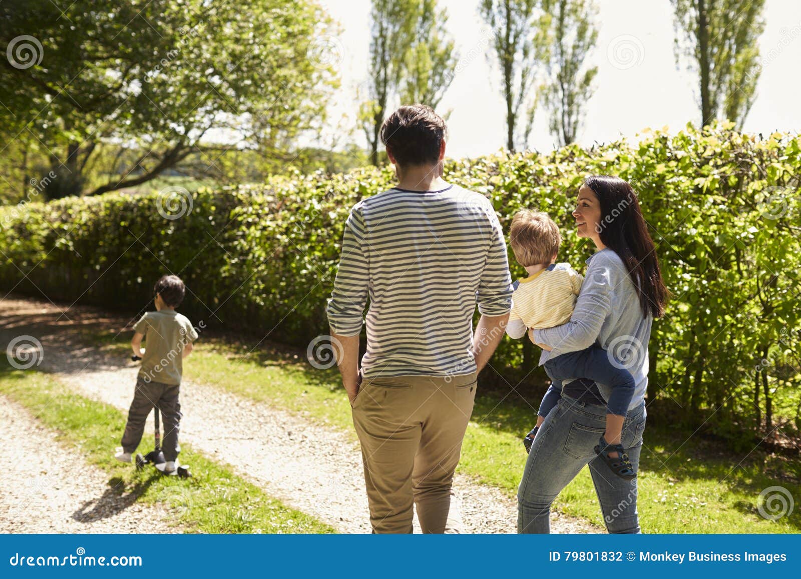 Rear View of Family Going for Walk in Summer Countryside Stock Photo ...