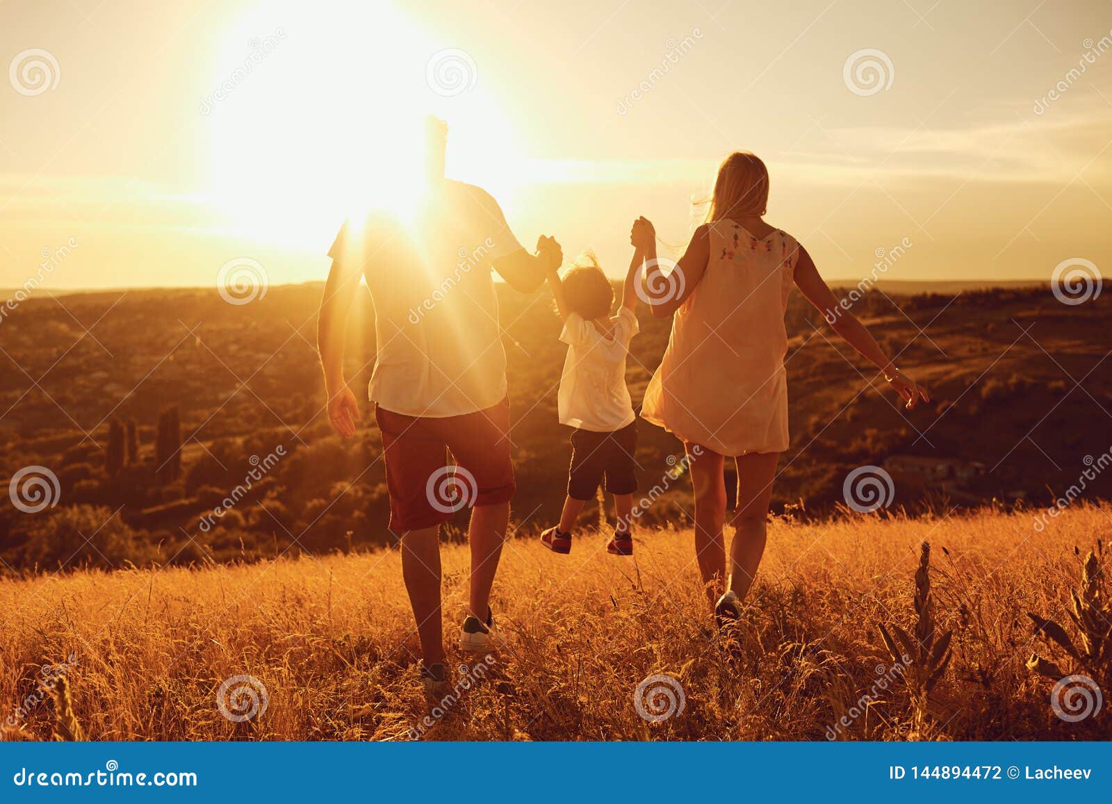 Rear View of Family Standing in Nature at Sunset Stock Photo - Image of ...