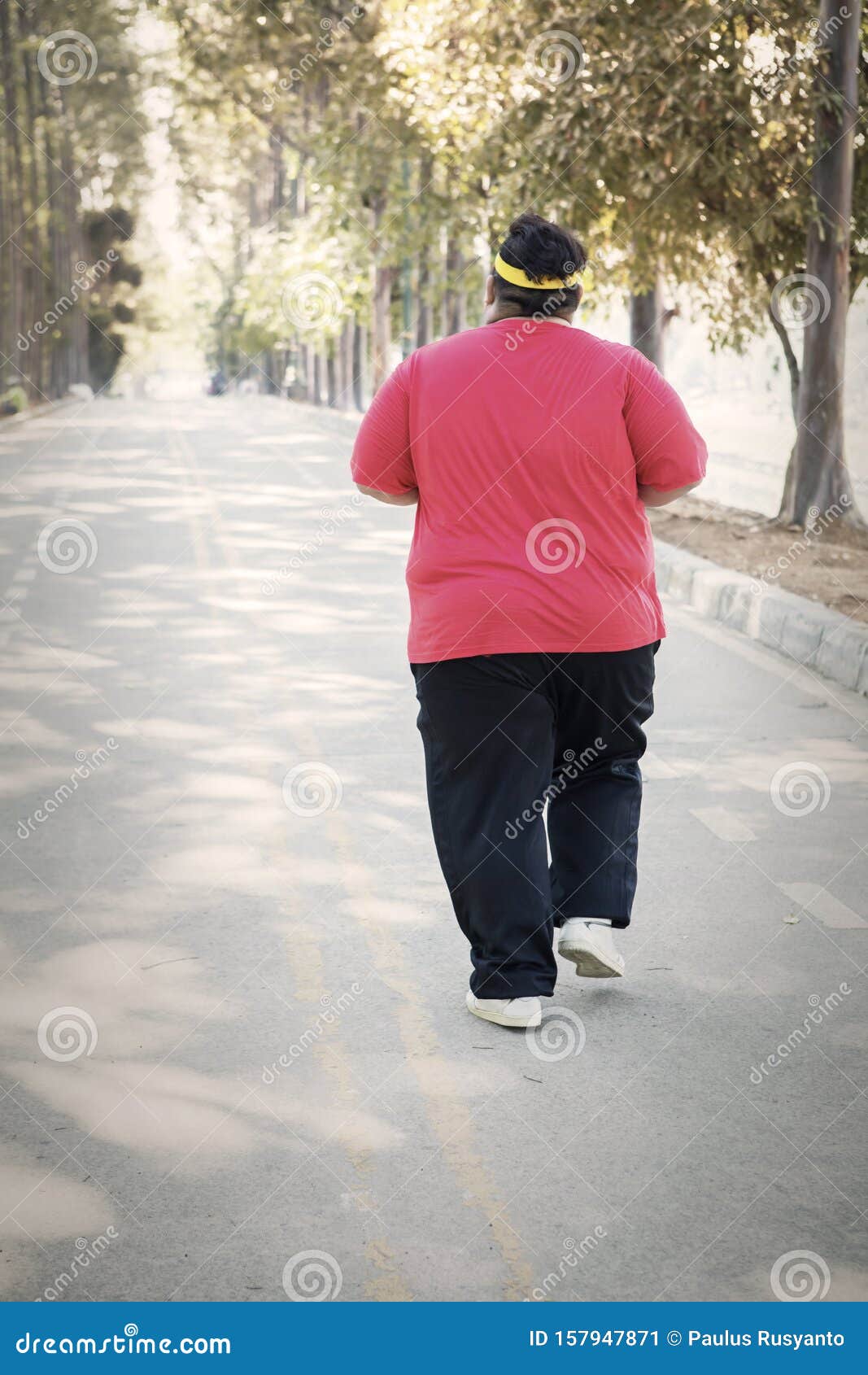 Rear View of Fat Man Doing Run Exercises on Road Stock Image - Image of ...