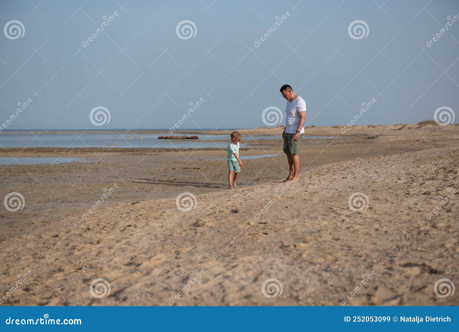 Rear View Of Father And Son Walking On The Beach Stock Image Image Of