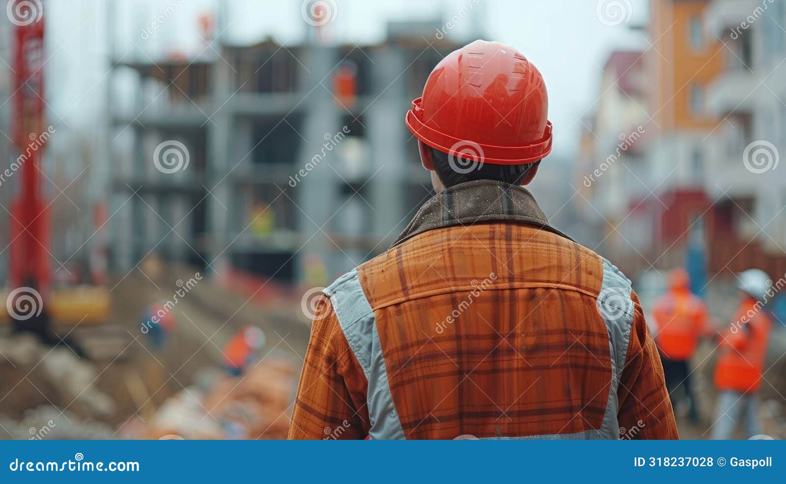 Rear View of a Foreman Overseeing Construction Site with Team Stock ...