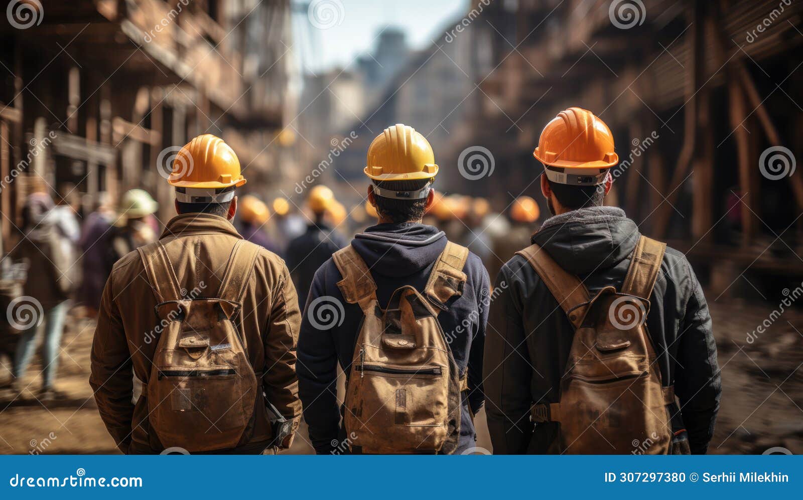 Rear View of a Group of Construction Workers Wearing Hard Hats on an ...