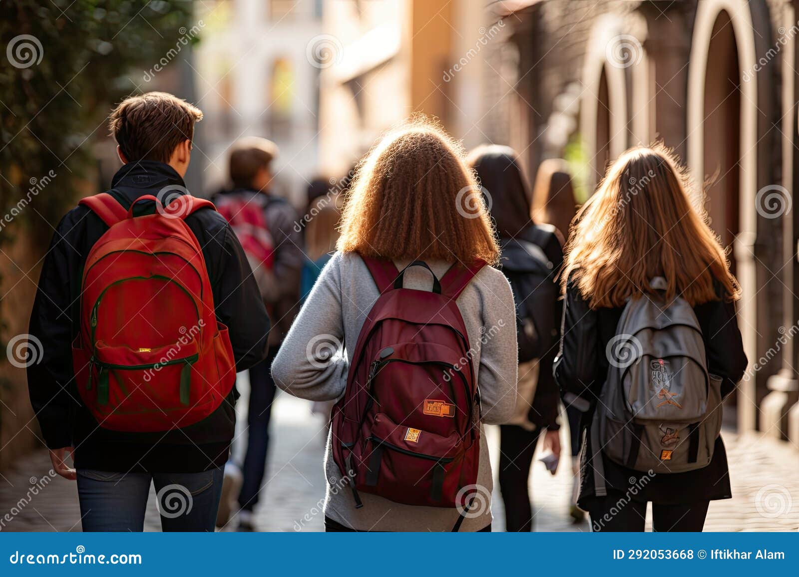 Rear View of a Group of Students with Backpacks Walking on the Street ...