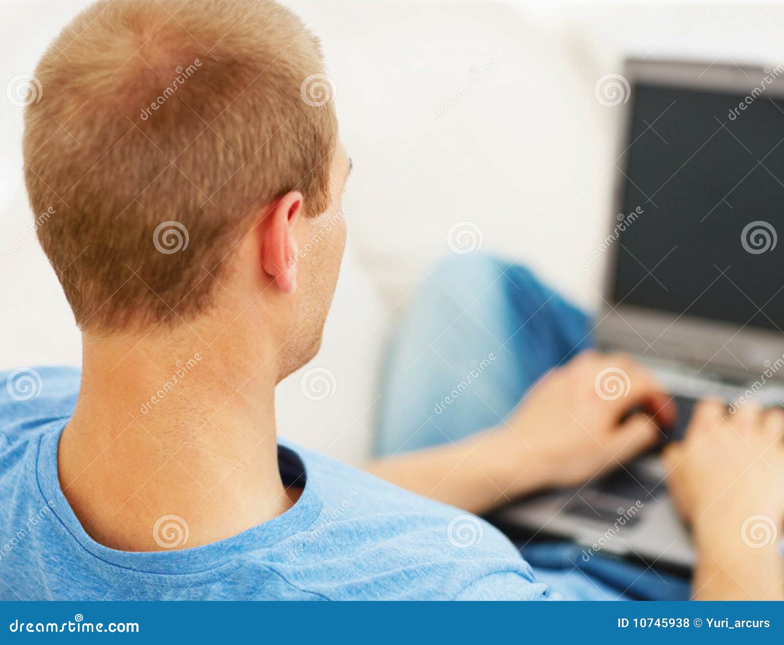 Rear View of a Guy Working on Laptop Stock Photo - Image of browsing ...