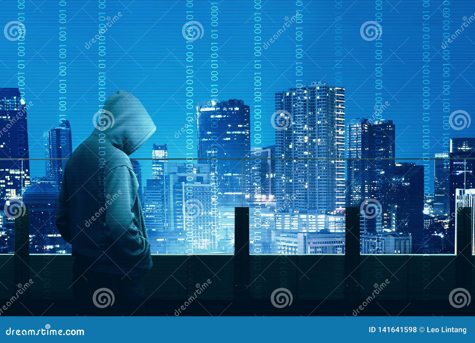 Rear View of Hacker in Black Hoodie Standing on the Building Terrace ...