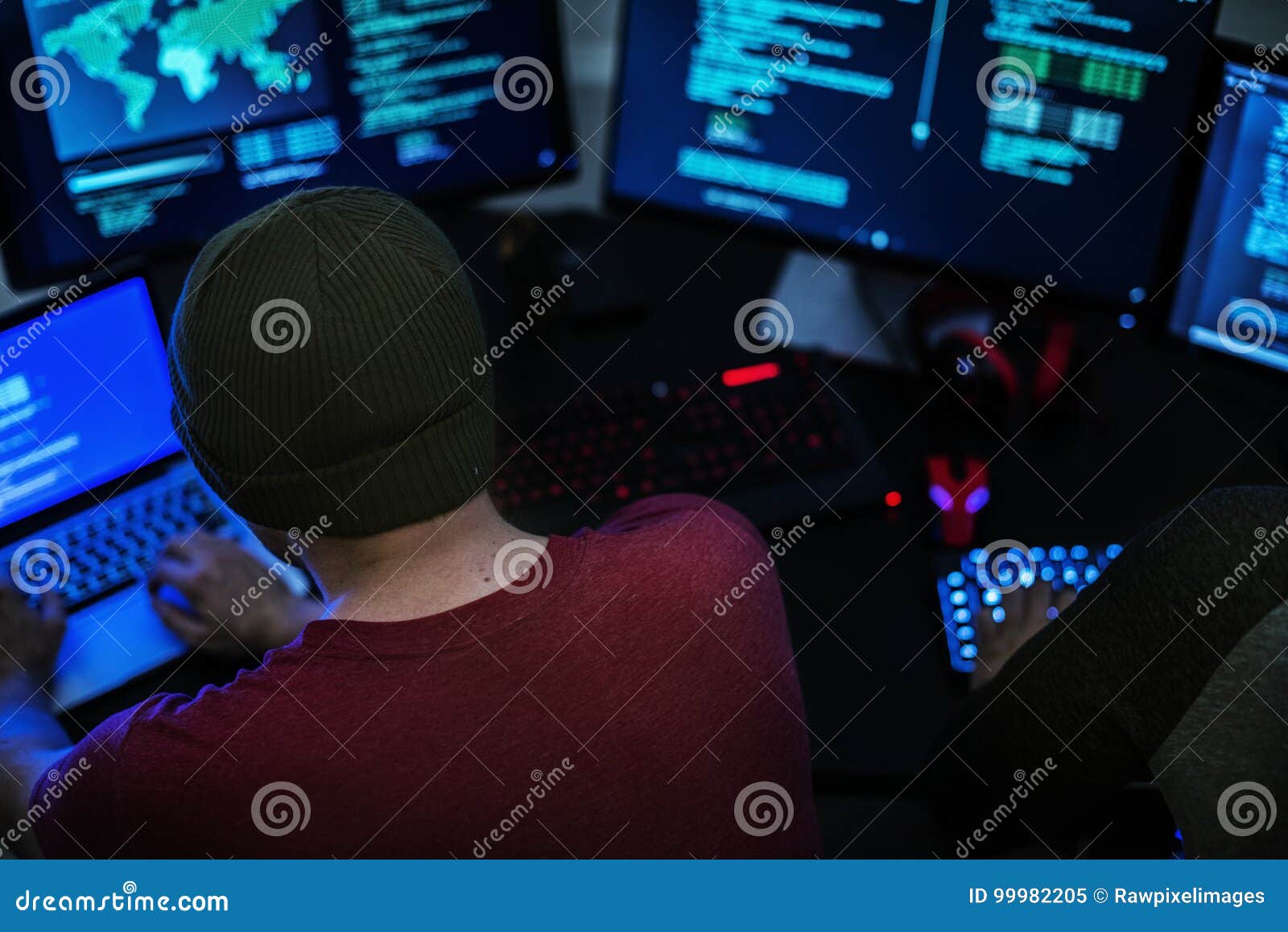 Rear View of Hacker Man Working on Computer Stock Image - Image of ...