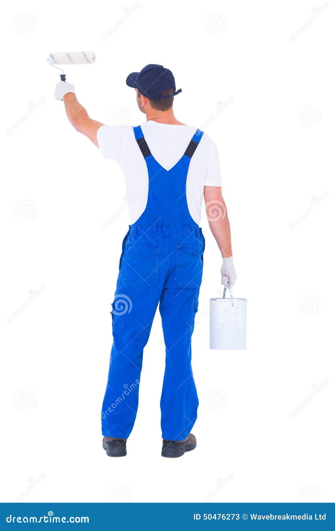 Rear View of Handyman Using Paint Roller on White Background Stock ...