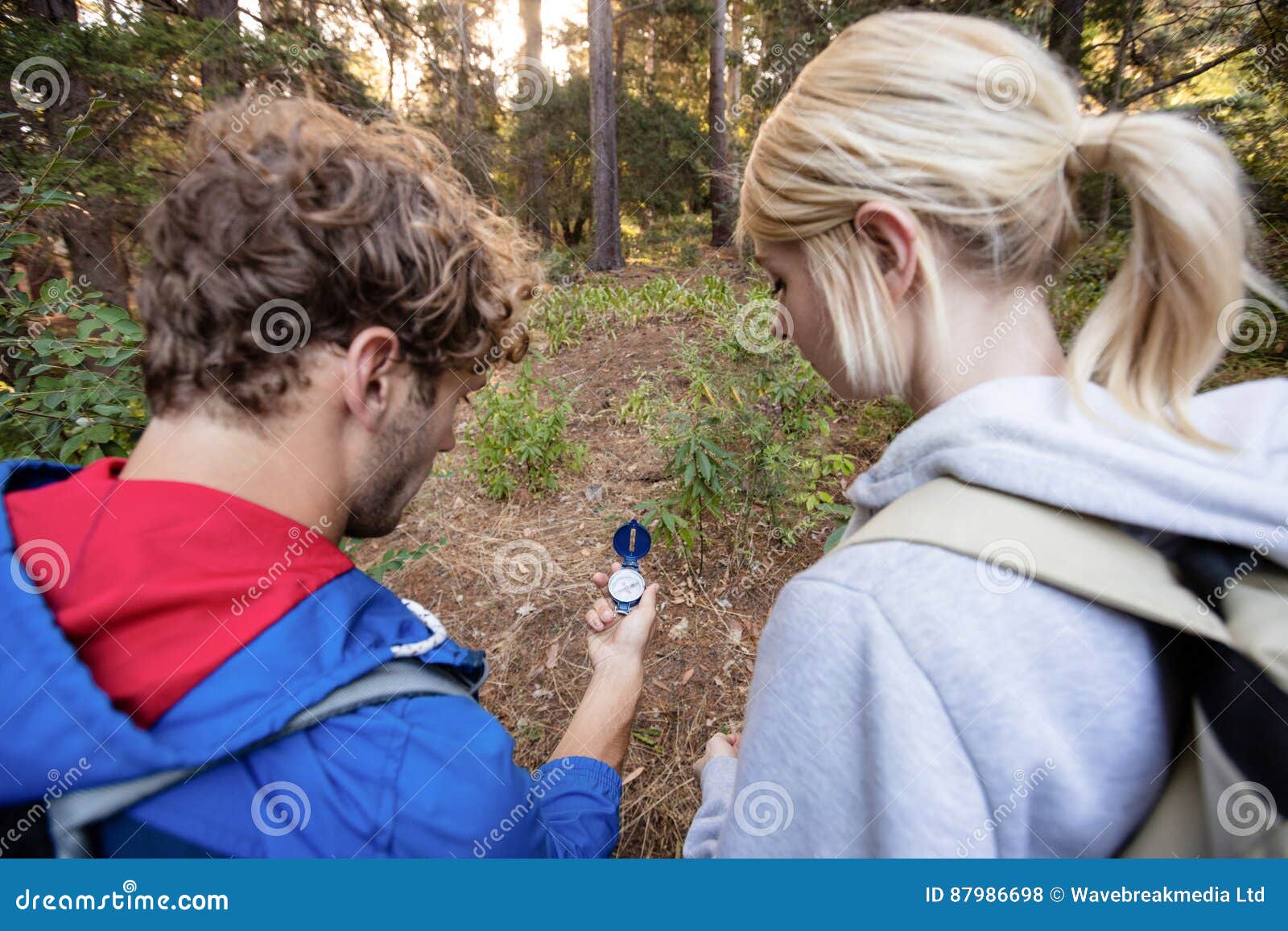 Rear View of Hiking Couple Checking the Compass Stock Photo - Image of ...