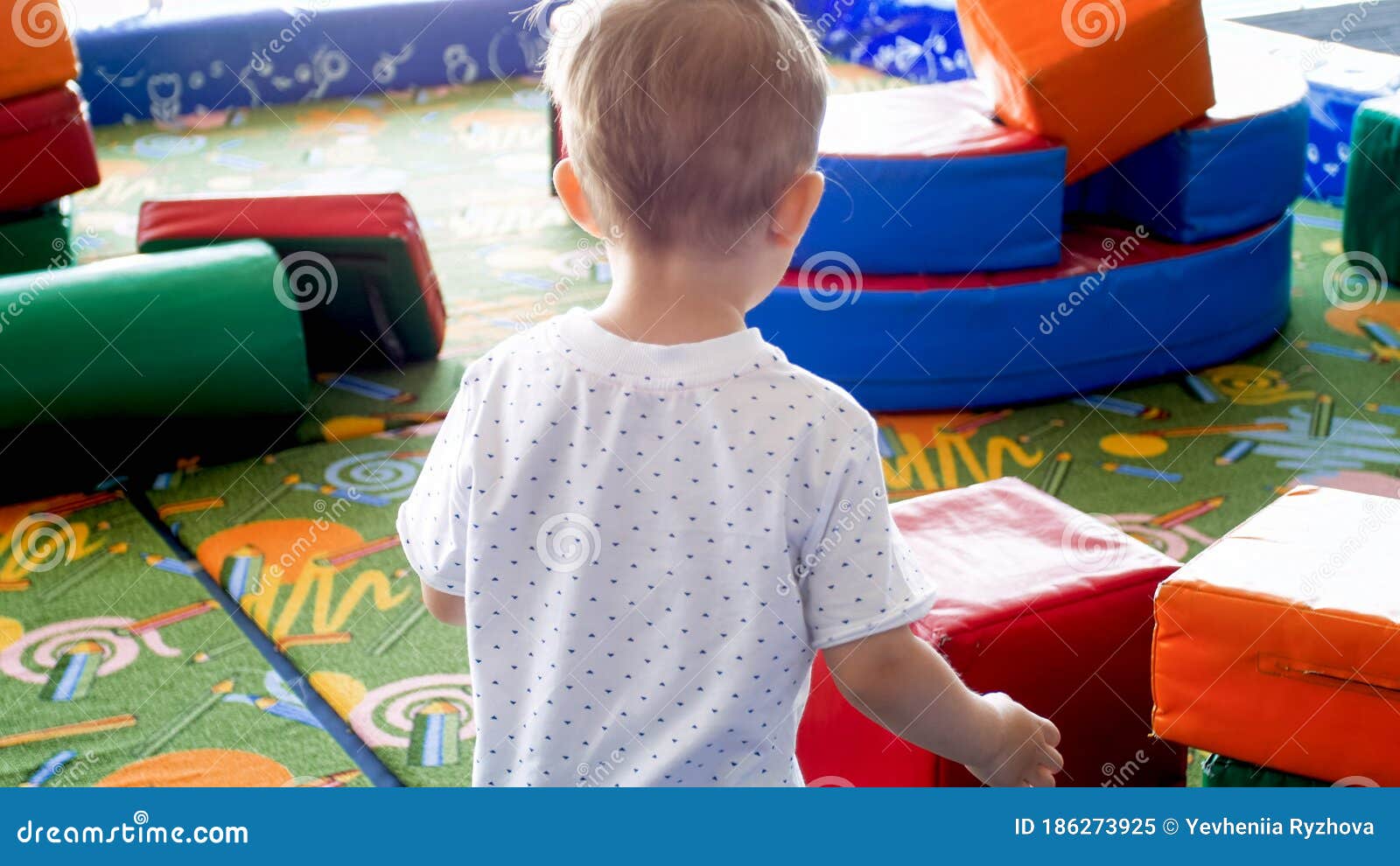 Rear View Image of Little Toddler Boy Playing on Playground with Soft ...