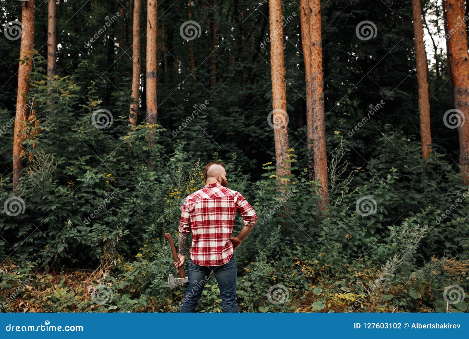 Rear View of Lumberjack in Forest Holding an Axe on His Shoulder Stock ...
