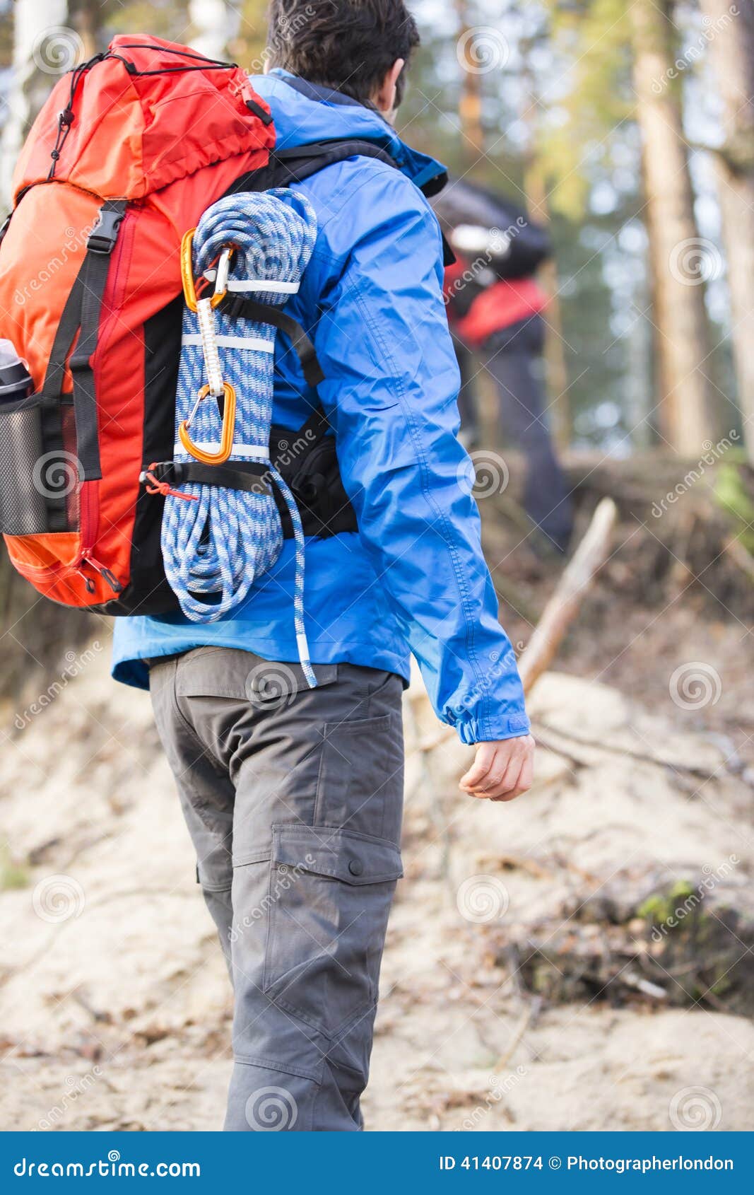 Rear View of Male Hiker with Backpack Standing in Forest Stock Photo ...