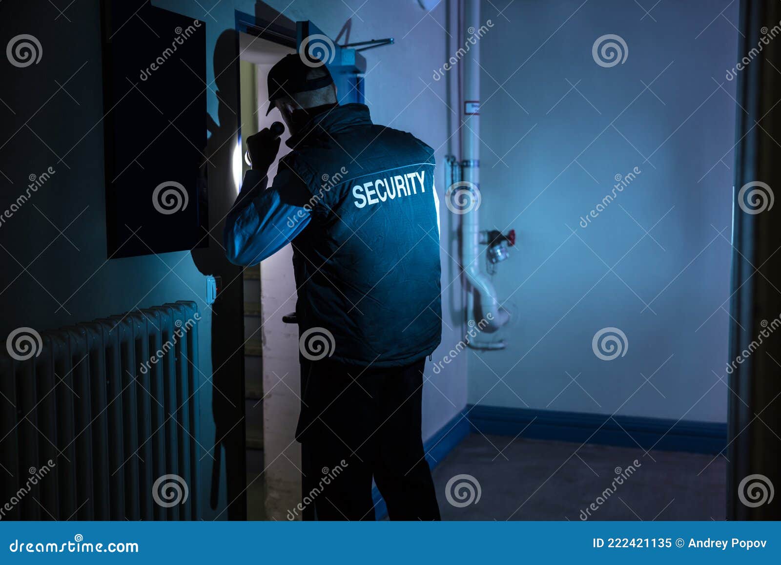 Rear View of a Male Security Officer with Flashlight Stock Image ...