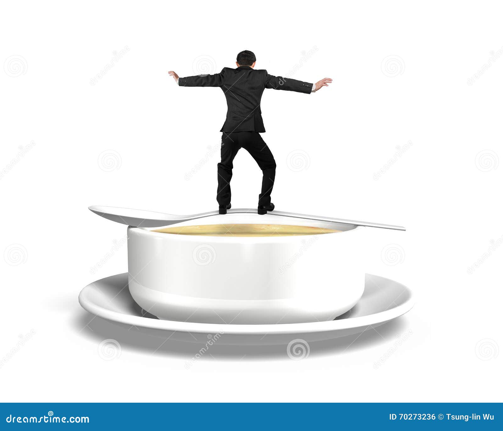 Rear View Man Balancing on Spoon with Soup Bowl Stock Photo - Image of ...