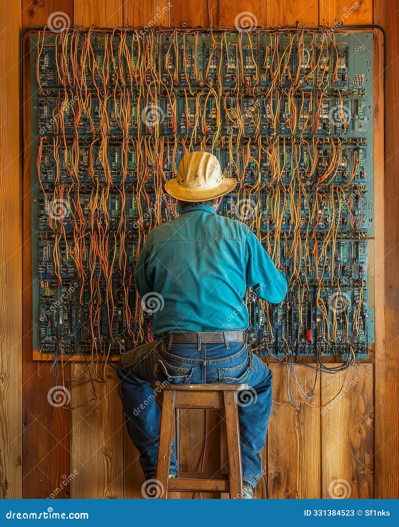 Rear View Of A Man In Hat Working On An Old-fashioned Switchboard With ...