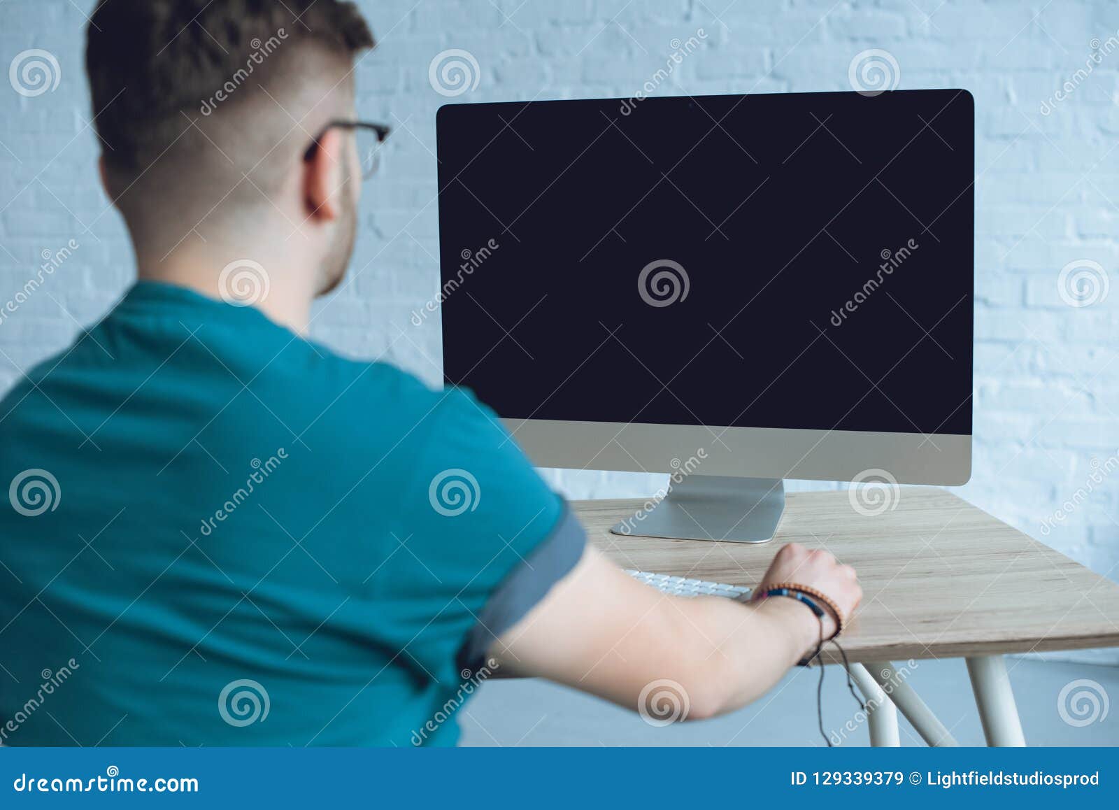 Rear View of Man Looking at Computer Screen Stock Image - Image of ...