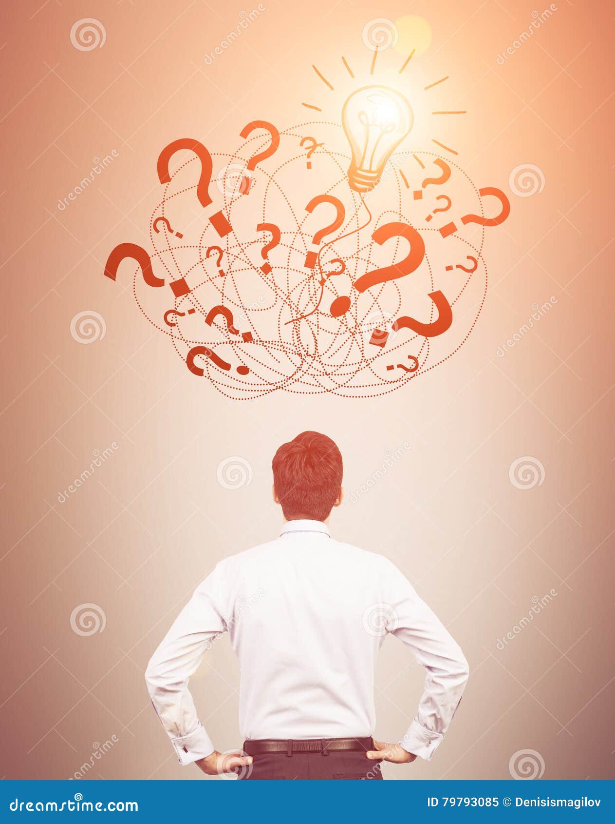 Rear View of Man Looking at Question Marks, Toned Stock Image - Image ...