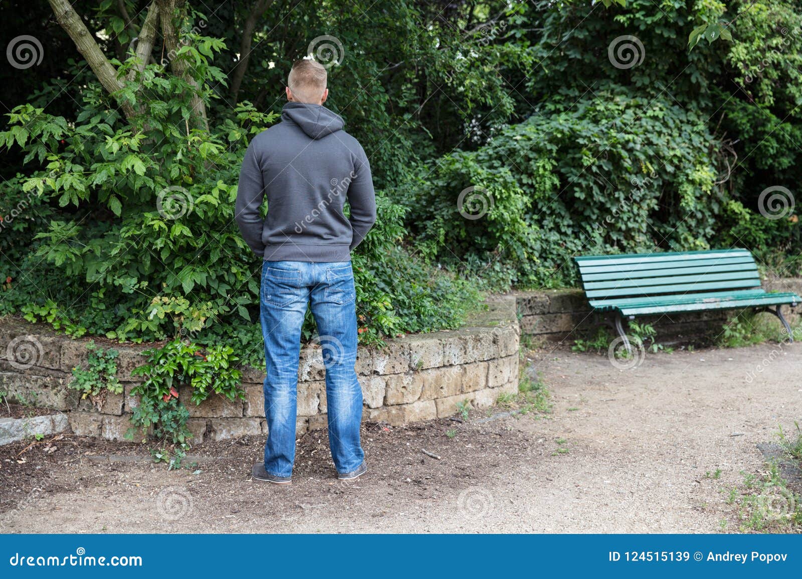 Man Peeing in Park stock image. Image of casual, bench - 124515139
