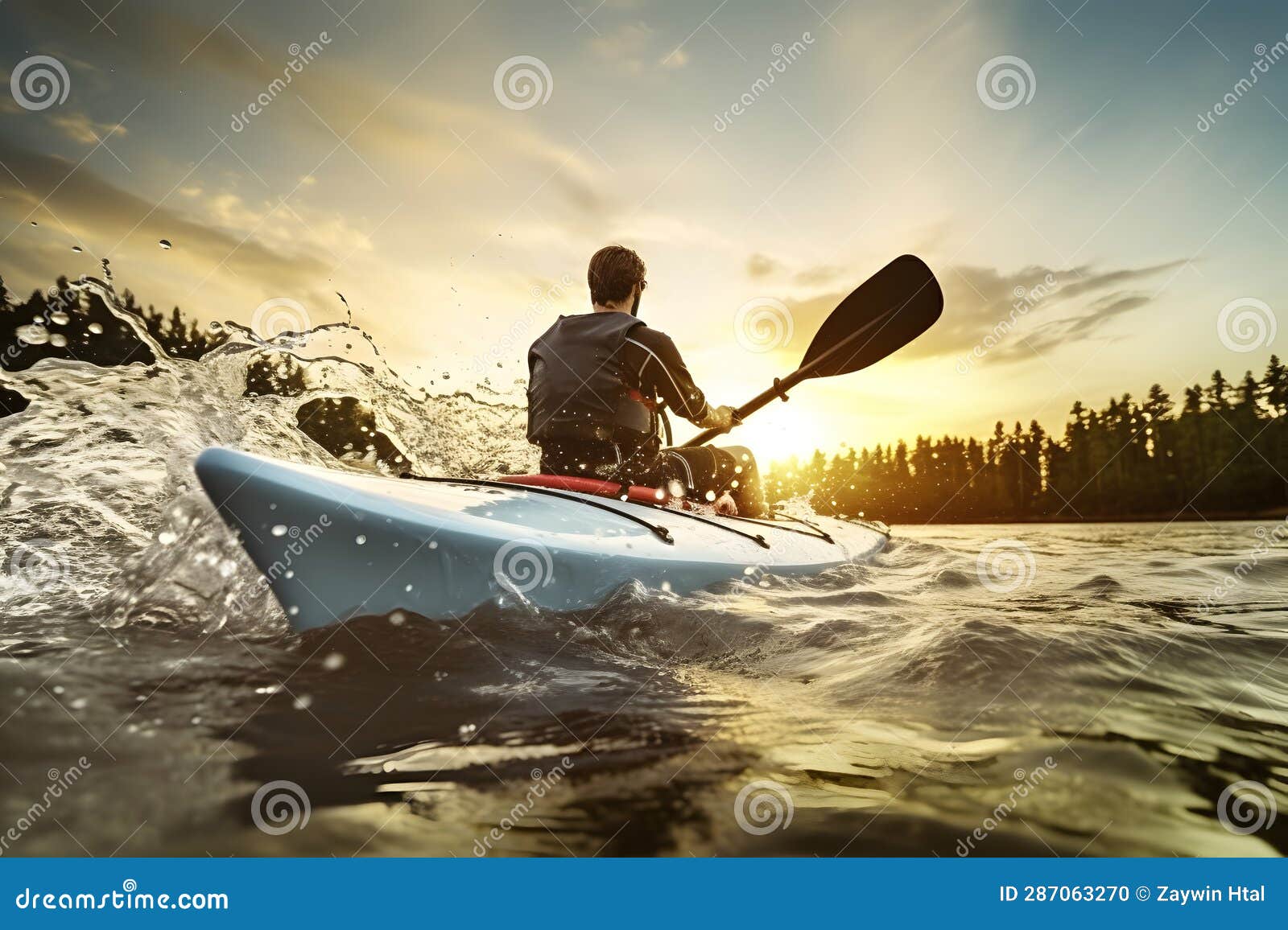 Rear View of Man Riding Kayak in River at Sunset Stock Illustration ...