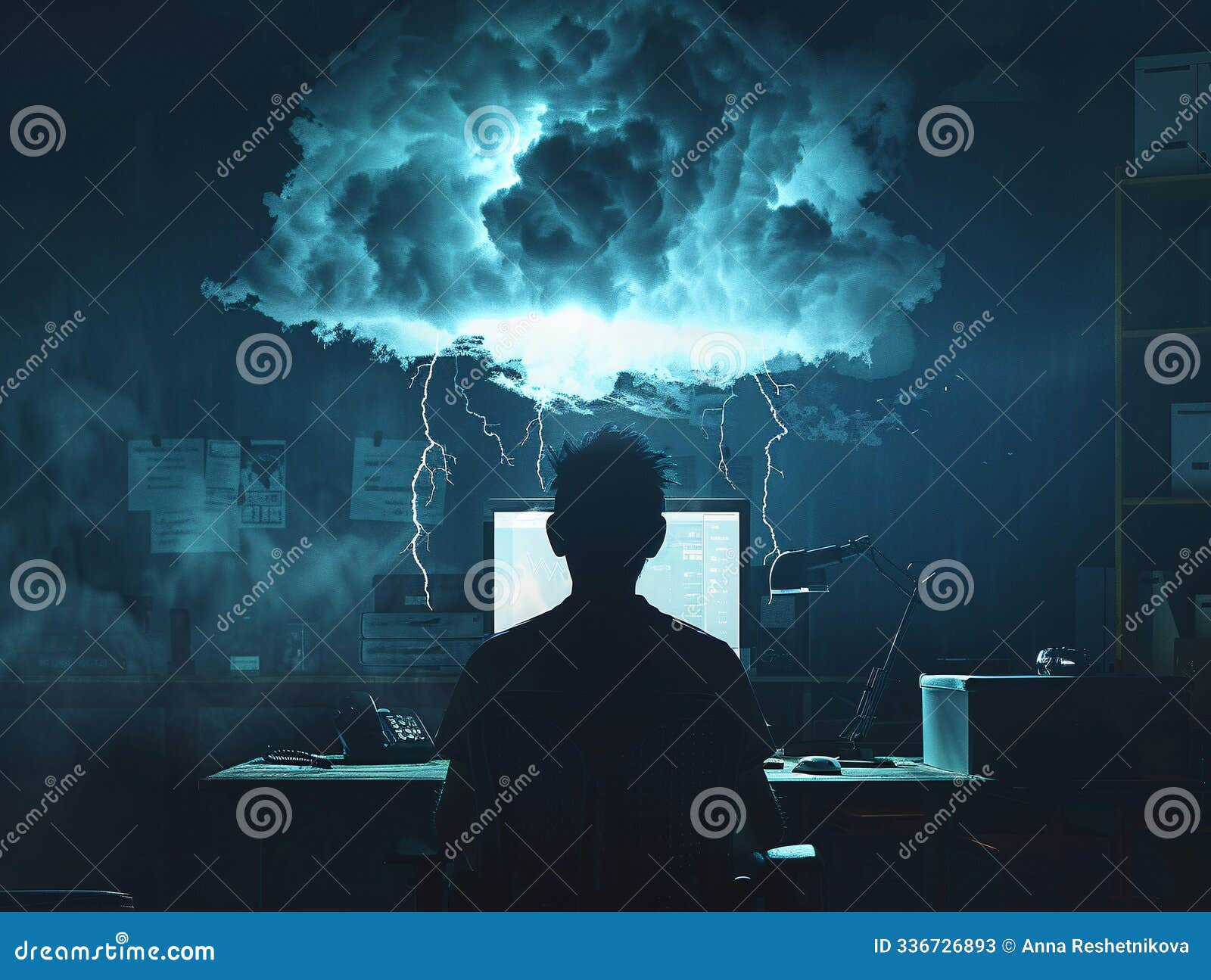 Rear View of a Man Sitting at a Computer. Thunderstorm Overhead. Stock ...