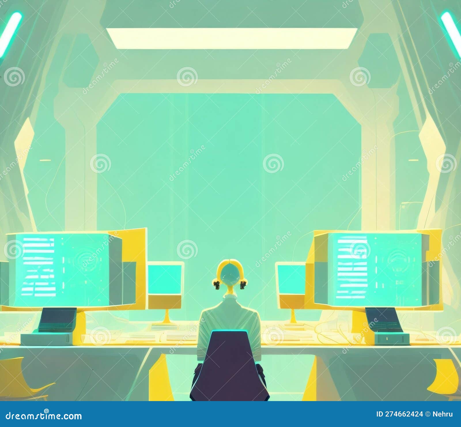 Rear View of a Man Sitting in Front of Computer Monitors in an Office ...