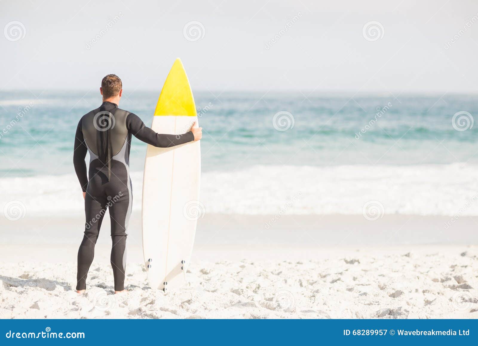 Rear View of Man with Surfboard Standing on the Beach Stock Image ...