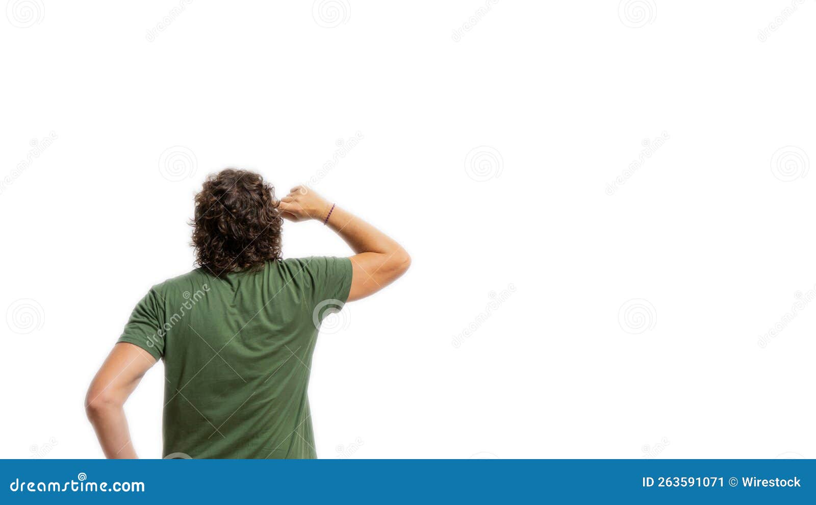 Rear View of a Man Thinking White Looking at a White Background Stock ...