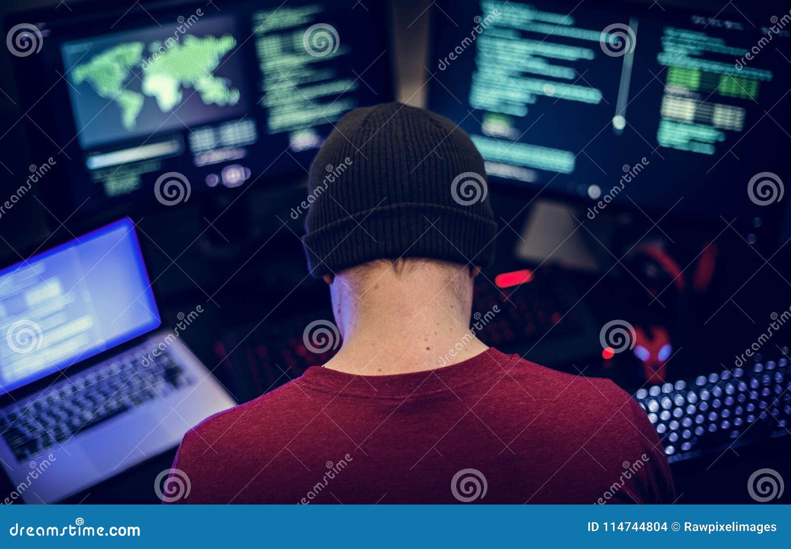 Rear View of Man Working on Computer Coding Program Stock Photo - Image ...