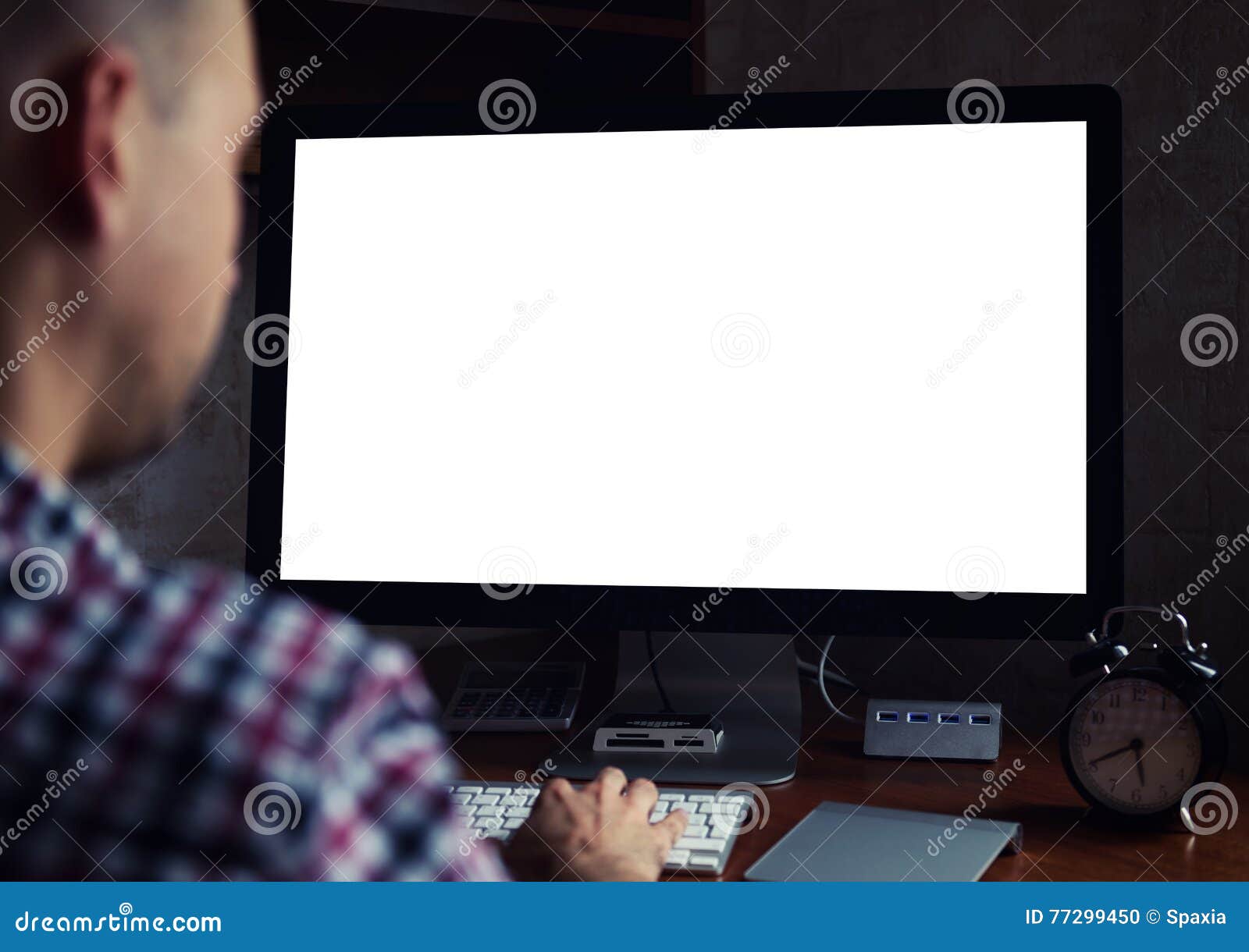 Rear View of Man Working on Computer at Night Stock Photo - Image of ...