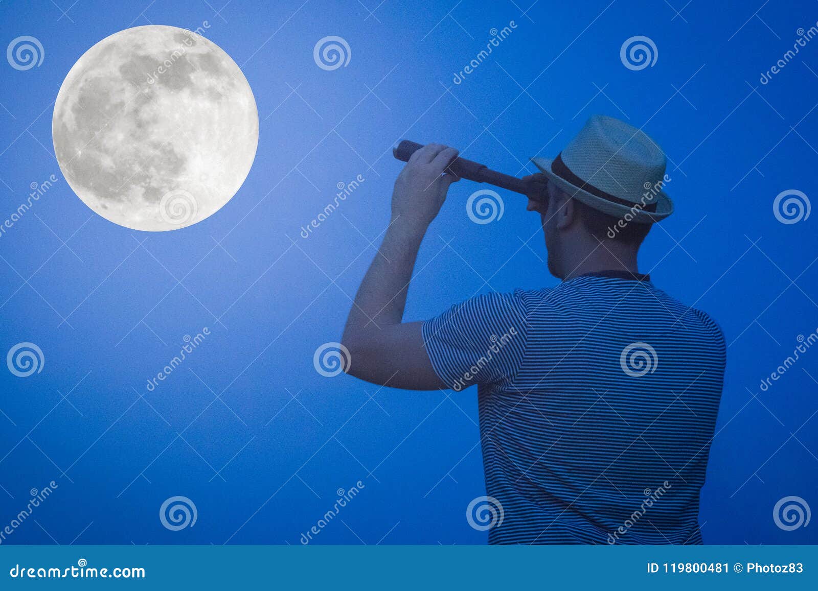 Rear View of Modern Man Watching the Moon through Spyglass. Stock Image ...