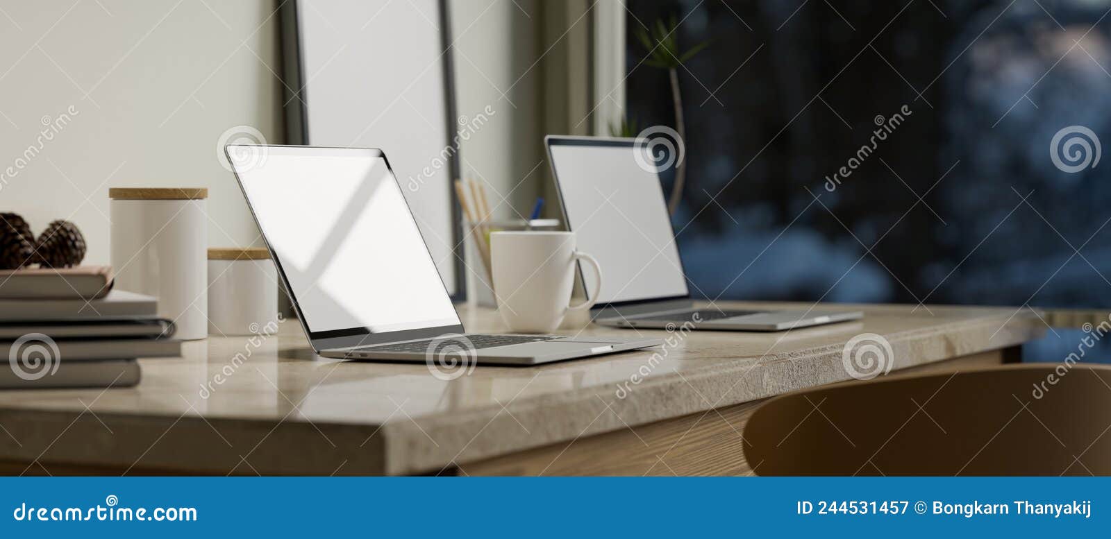 Rear View, Modern Office Workplace with Two Laptop Computer Stock ...