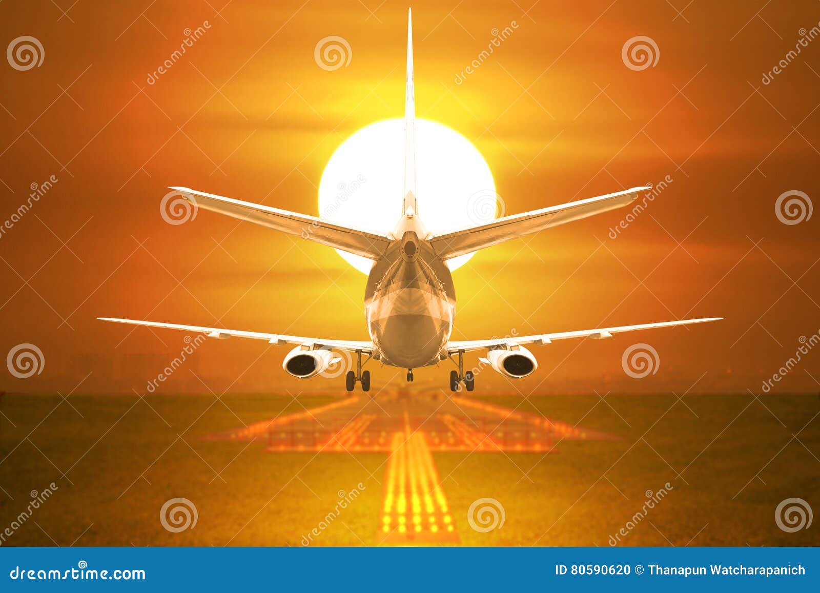 View On Passenger Aircraft Right Wing During Holiday Trip. Sunset ...