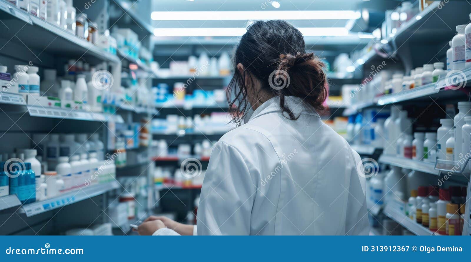 Rear View of a Pharmacist at Work, Surrounded by Shelves Full of ...