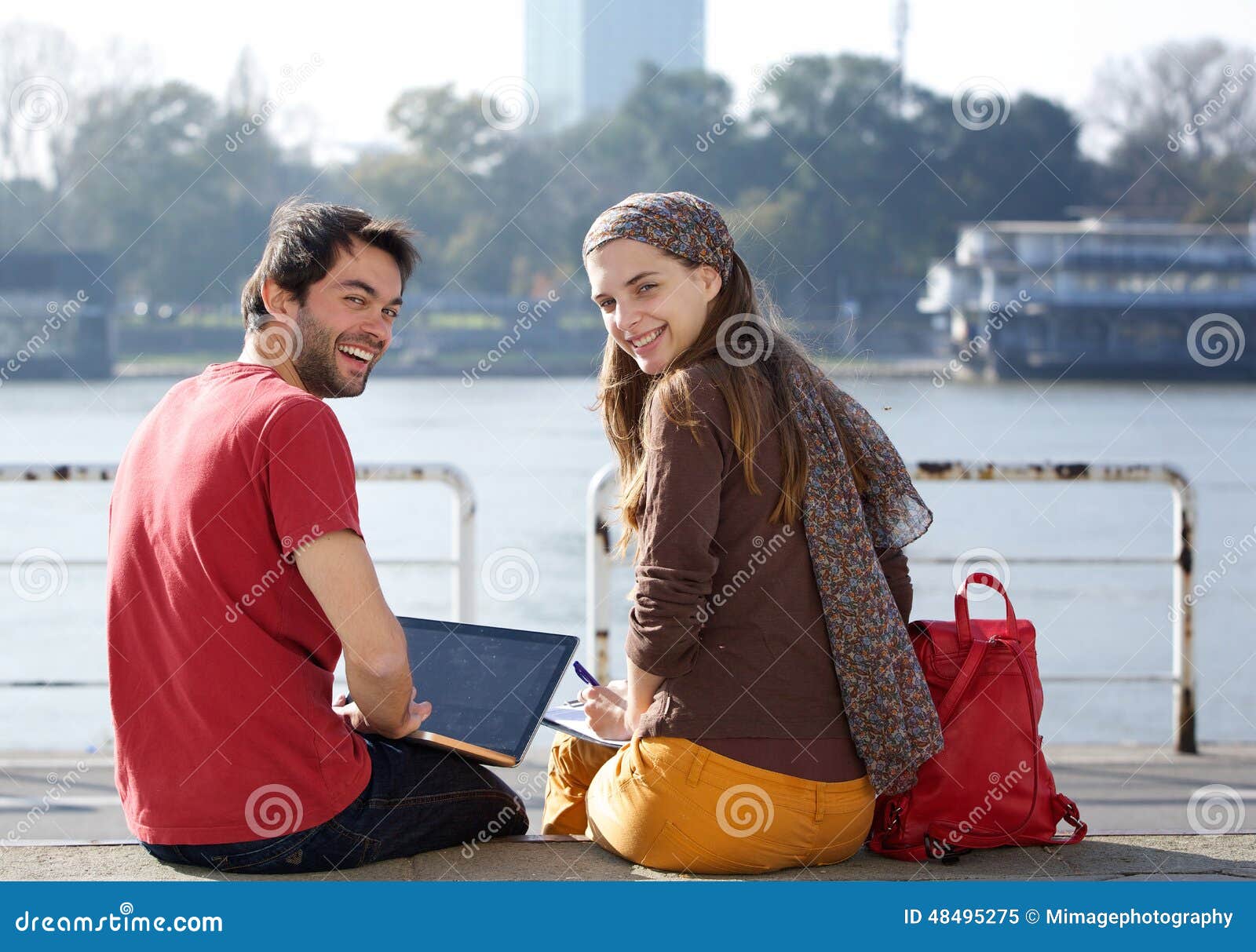 Rear View Portrait of Two College Students Smiling Stock Image - Image ...