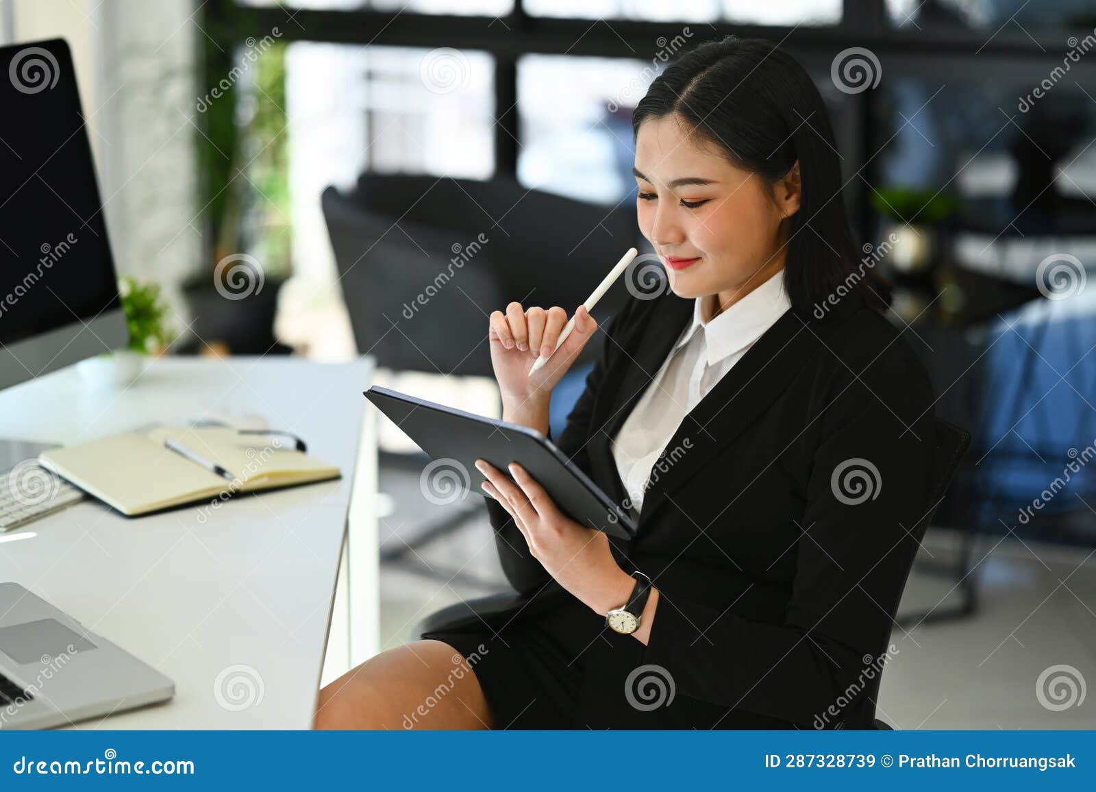Rear View Programer Asian Woman Working on Digital Tablet. Stock Image ...