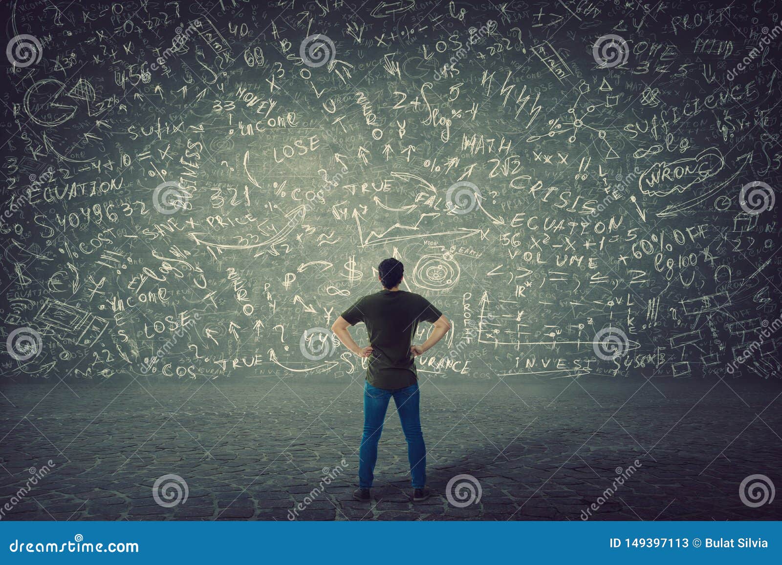 Rear View of Puzzled Student, Hands on Hips, Stands in Front of a Huge ...