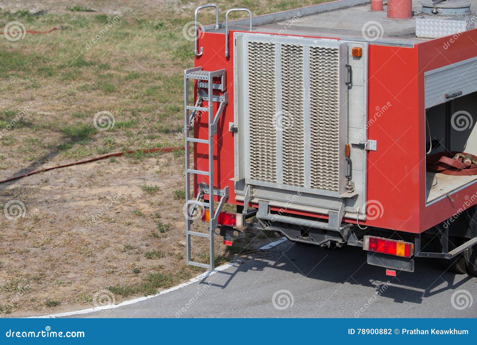 Rear View of Red Fire Truck Stock Photo - Image of textn, firefighter ...