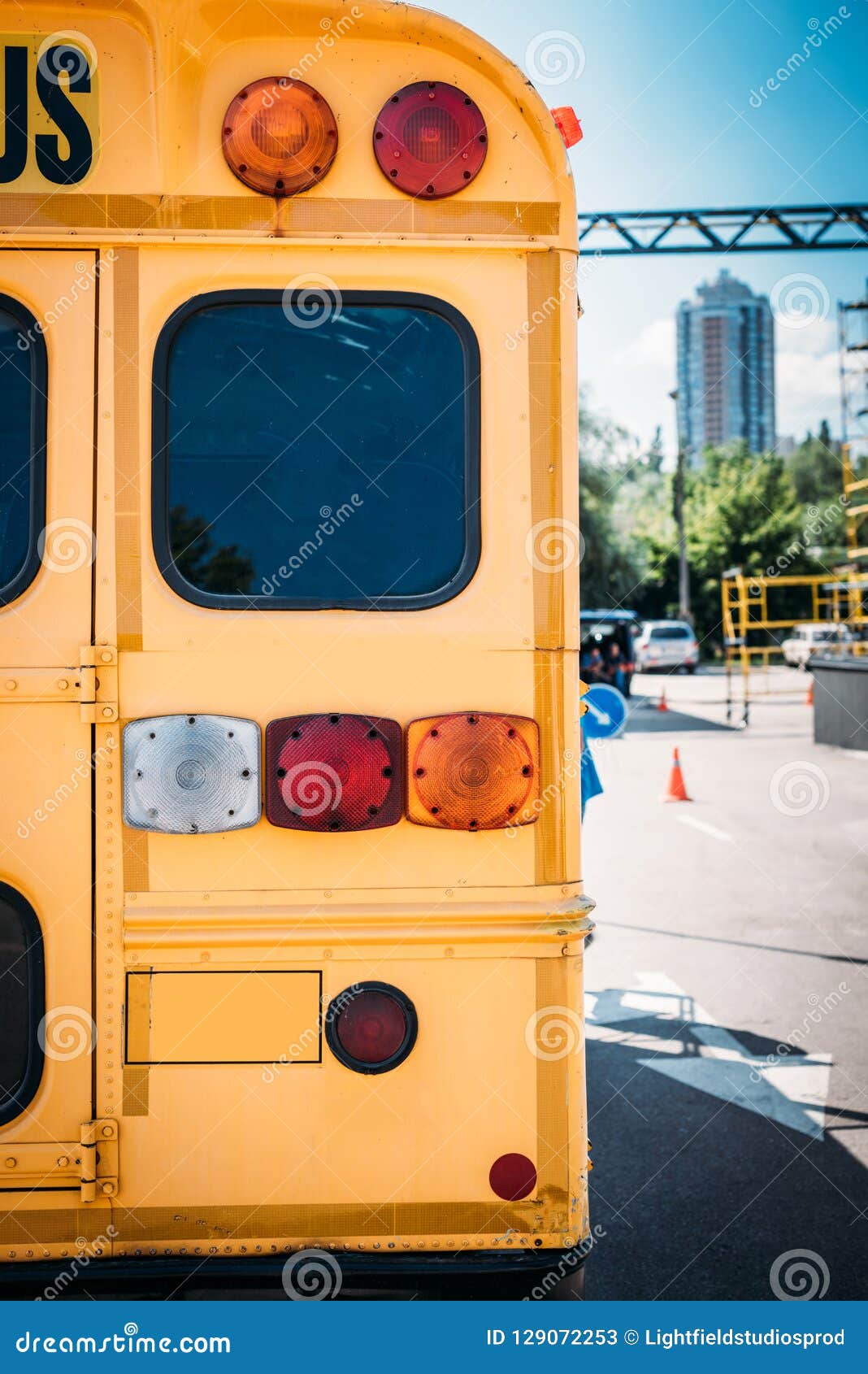 Rear View of School Bus Back Lights Standing Stock Image - Image of ...